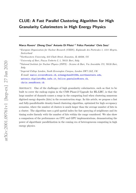 Pdf Clue A Fast Parallel Clustering Algorithm For High Granularity Calorimeters In High