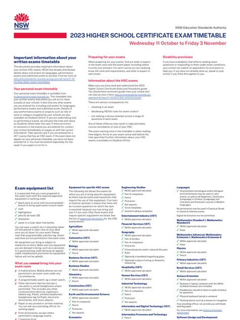 2023 Hsc Written Exam Timetable 0 Pdf