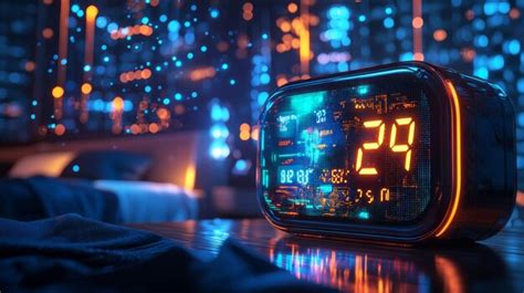 Futuristic Alarm Clock With Neon Lights And Bokeh Background Premium