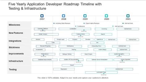 Five Yearly Application Developer Roadmap Timeline With Testing And Infrastructure Information