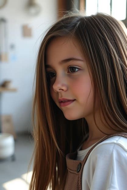 Young Girl With Long Brown Hair Looking Away Premium Ai Generated Image