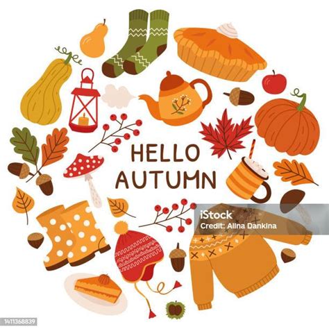 귀엽고 아늑한 디자인 요소의 가을 번들 호박 스웨터 양말 니트 캡 카카오 버섯 잎 및 도토리 세트 흰색 배경에 고립 된 컬러 플랫 벡터 일러스트레이션 가을에 대한 스톡 벡터