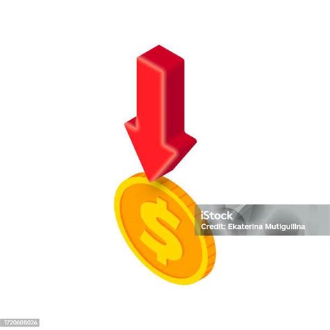 벡터 아이소메트릭 금화와 감소하는 화살표 3d 현금 은행 카지노 사업 실패 경기 침체 금융 위기 웹 앱의 흰색 배경에 떨어지는 돈 개념 3차원 형태에 대한 스톡 벡터 아트