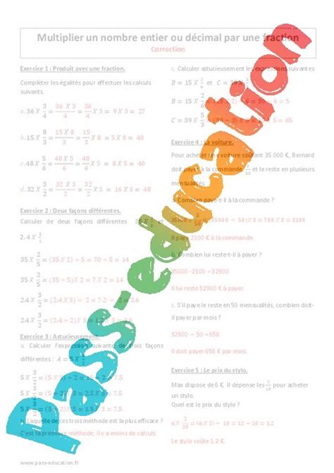 Multiplier un nombre entier ou décimal par une fraction Exercices