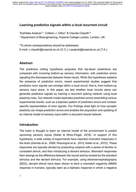 Pdf Learning Predictive Signals Within A Local Recurrent Circuit