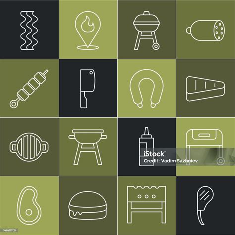 세트 라인 립 아이 스테이크 바베큐 그릴 스테이크 고기 고기 다지기 구운 Shish 케밥 베이컨 스트라이프 및 소시지 아이콘