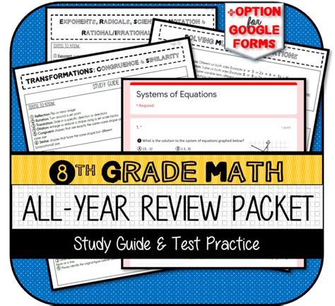 8th Grade Math Review Worksheets Study Guide And Test Practice Packet