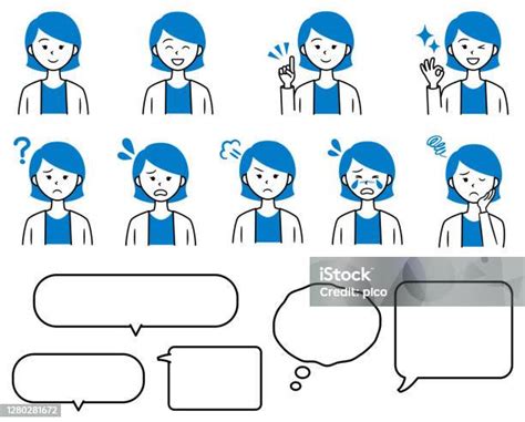 다양한 표정과 대화 풍선 2 색으로 젊은 여성 인물의 일러스트 세트 걱정하는에 대한 스톡 벡터 아트 및 기타 이미지 걱정하는