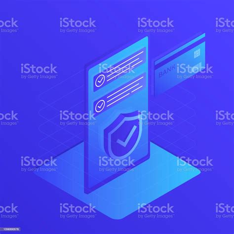 아이소메트릭 전화 및 보안 방패와 파란색 배경에 은행 카드 모바일 결제 개인 데이터 보호의 개념입니다 현대 평면 디자인 벡터 일러스트 레이 션 3차원 형태에 대한 스톡 벡터