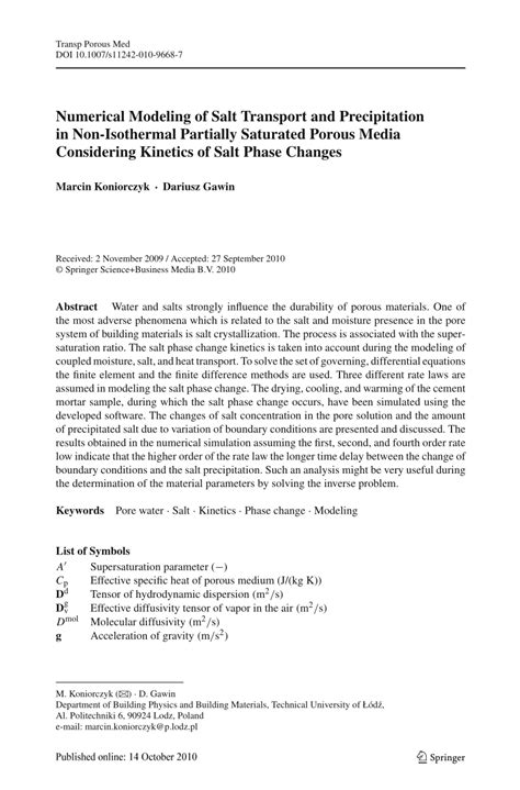 Pdf Numerical Modeling Of Salt Transport And Precipitation In Non Isothermal Partially