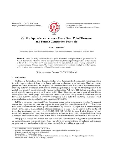 Pdf On The Equivalence Between Perov Fixed Point Theorem And Banach Contraction Principle