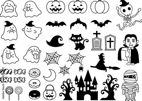 Vecteur Stock 可愛いハロウィンのイラスト素材セット白黒 Adobe Stock