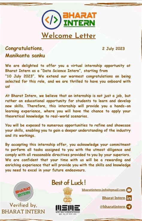 Manikanta Sanku On Linkedin Bharatintern Intern