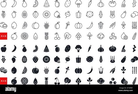 Set Of Vector Icons Vegetables Fruits And Berries Black Isolated