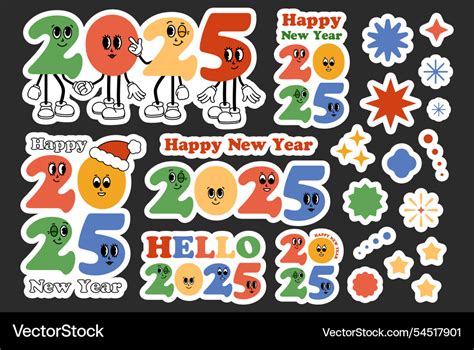 Groovy 2025 New Year Stickers Royalty Free Vector Image