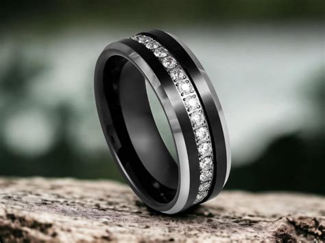 Mens Diamond Eternity Ring Black Tungsten Wedding Band Promise Ring