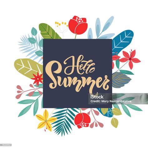 안녕하세요 여름 레터링 따옴표 배경에 꽃 부케와 텍스트 시즌 타이포 그래피 디자인 휴가 초대장 배너 카드 포스터 현수막 전단지 격언에 대한 스톡 벡터 아트 및 기타 이미지