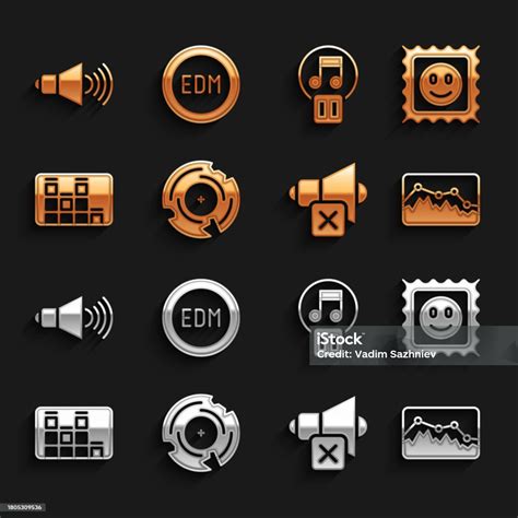 비닐 디스크 Lsd 산성 마크 음악 웨이브 이퀄라이저 스피커 음소거 일시 중지 버튼 볼륨 및 Edm 전자 댄스 음악 아이콘을 설정합니다 벡터 강렬하고 밝은 색상에 대한 스톡