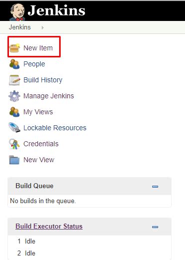jenkins dashboard showing navigation options including new item people build history and