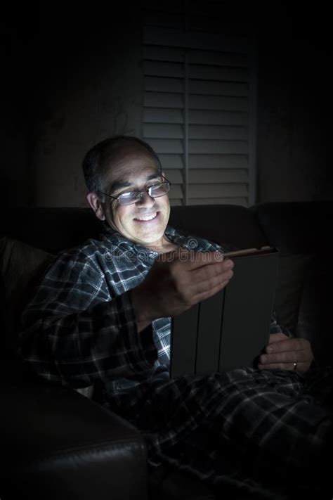 Man Reading Tablet At Night Stock Image Image Of Electronic Dark 76252473