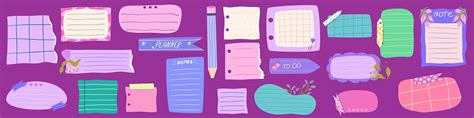 스티커 플래너 다양한 종이 메모 노트 귀여운 밝은 스티커 노트입니다 손으로 그린 귀여운 컬렉션 배지 텍스트 및 알림에 대한 프레임입니다 플랫 벡터 그림 개념에 대한 스톡