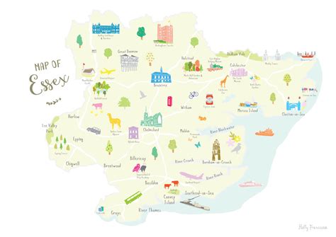 Illustrated Hand Drawn Map Of Essex By Uk Artist Holly Francesca