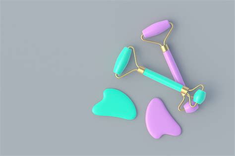 얼굴 마사지 롤러와 괄사 돌 얼굴과 웰빙을 들어 올리십시오 화장품 액세서리 얼굴 피부 관리 공간을 복사합니다 평면도 3d 렌더링 3차원 형태에 대한 스톡 사진 및 기타