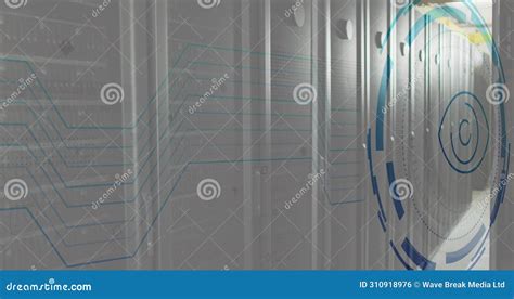 Image Of Eye Retina Round Scanner And Microprocessor Connections Against Computer Server Room