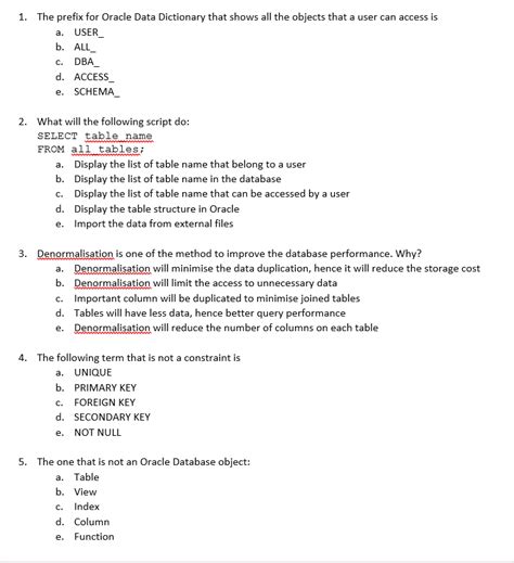 Solved 1 The Prefix For Oracle Data Dictionary That Shows