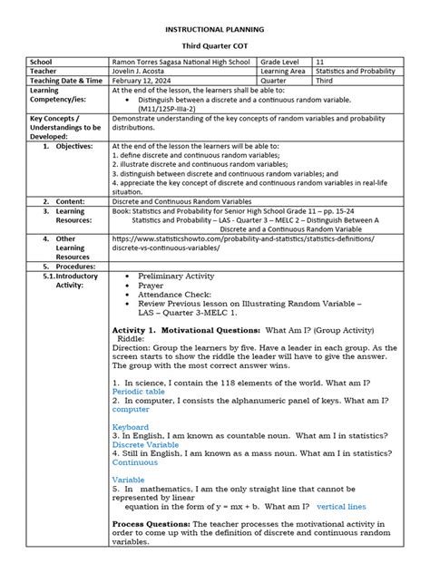 Instructional Planning No 3 Statistics Pdf Probability Distribution Variable Mathematics