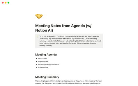 Meeting Notes From Agenda W Notion Ai Notion Template