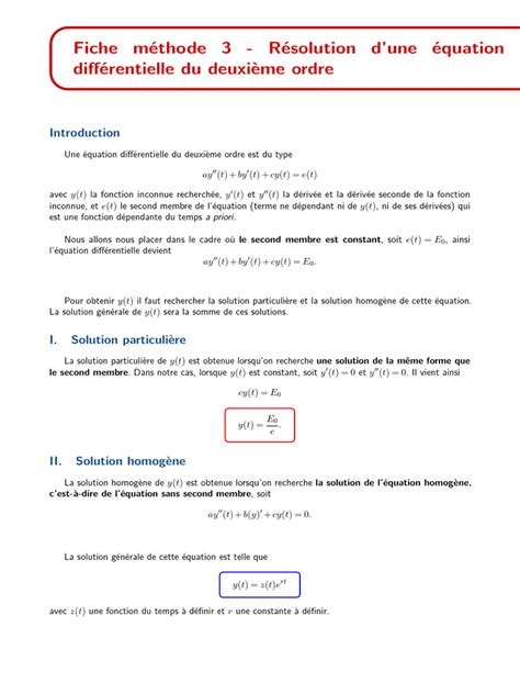 Fiche 3 Résolution Dune Équation Différentielle Du Deuxième Ordre Pdf