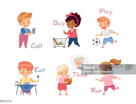 동사 벡터 세트를 시연하는 다양한 활동에 종사하는 재미있는 아이들 아이에 대한 스톡 벡터 아트 및 기타 이미지 아이 개념