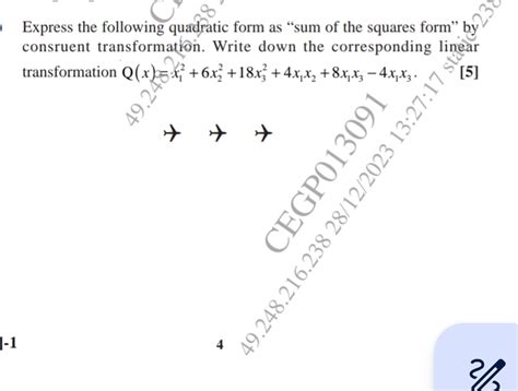 Express The Following Quadratic Form As Sum Of The Squares Form By Cong