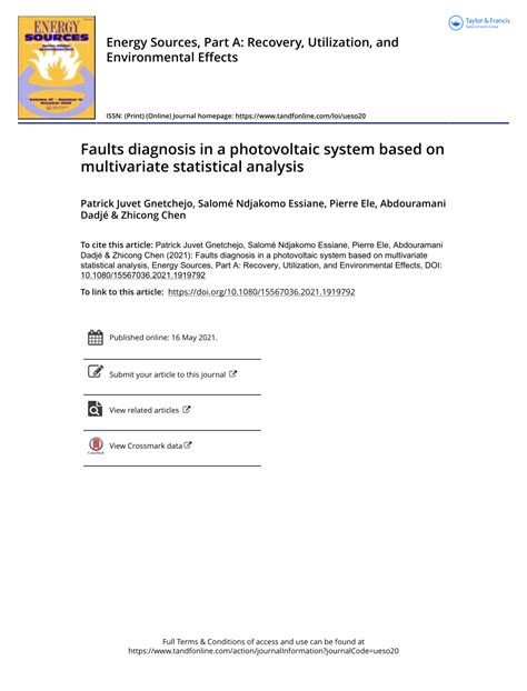 Pdf Faults Diagnosis In A Photovoltaic System Based On Multivariate Statistical Analysis