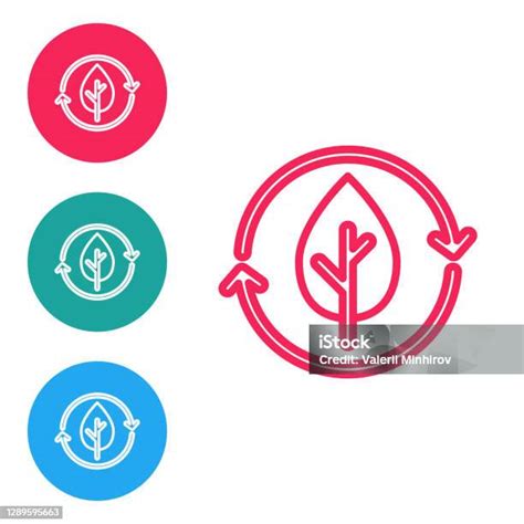 빨간색 줄 흰색 배경에 격리 된 기호와 잎 아이콘을 재활용합니다 환경 재활용은 녹색으로 이동합니다 원 버튼에 아이콘을 설정합니다 벡터 0명에 대한 스톡 벡터 아트 및 기타