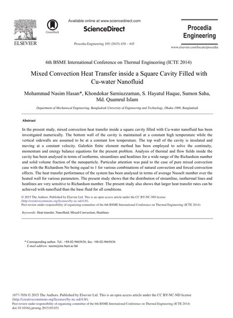 Pdf Mixed Convection Heat Transfer Inside A Square Cavity Filled With Cu Water Nanofluid