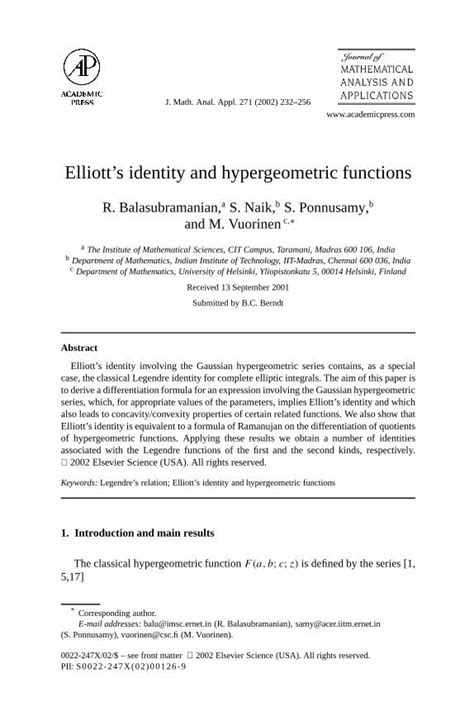 Pdf Elliotts Identity And Hypergeometric Functions Dokumen Tips