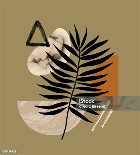 추상적 기하학적 돌 질감 모양과 식물 현대 미적 포스터의 벡터 일러스트 프린트 가정 및 벽 장식을위한 중반 세기 스타일의