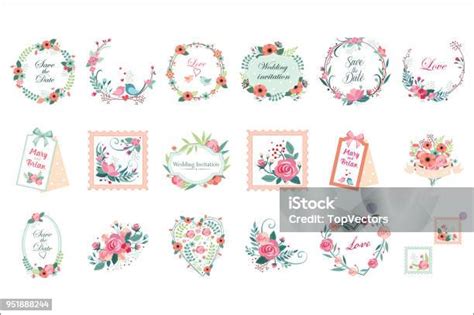 아름 다운 꽃 프레임 테두리와 레이블 벡터 세트 날짜를 저장 합니다 청첩장 낭만적인 엽서 또는 인쇄를 위한 그래픽 요소 꽃 식물에 대한 스톡 벡터 아트 및 기타 이미지