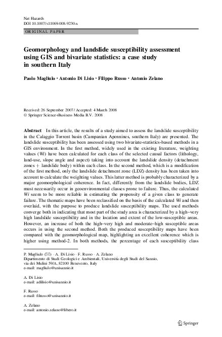 Pdf Geomorphology And Landslide Susceptibility Assessment Using Gis And Bivariate Statistics