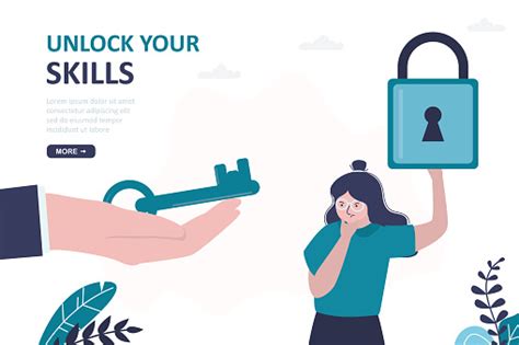 자물쇠를 들고 불안한 여자 기술을 잠금 해제하십시오 여자는 자신의 재능과 기회에 대해 생각합니다 큰 손이 열쇠를 준다 훈련 기술 개발 소녀 학생 야심 찬 기업가 감정에 대한