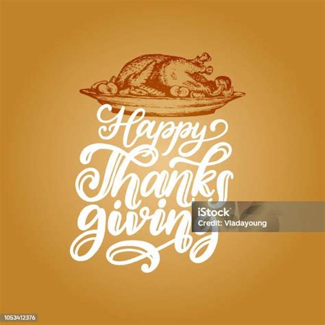 행복 한 추수 감사절 노란 배경에 글자 손입니다 벡터 일러스트 레이 션의 초대장 인사말 카드에 대 한 터키 요리 가을에 대한