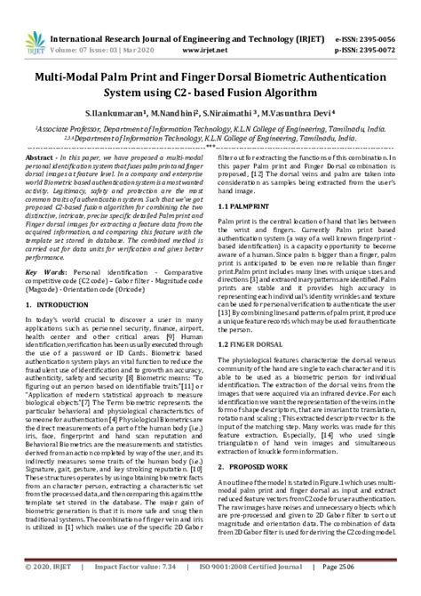 pdf irjet multi modal palm print and finger dorsal biometric authentication system using c2