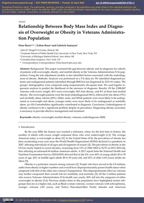 Pdf Relationship Between Body Mass Index And Diagnosis Of Overweight Or Obesity In Veterans