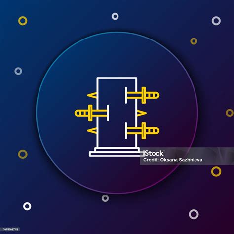 라인 매직 박스 파란색 배경에 격리된 마술 트릭 아이콘에 대한 트렁크 칼로 보여주고 칼로 상자를 뚫습니다 다채로운 개요 개념입니다 벡터 개념에 대한 스톡 벡터 아트 및 기타