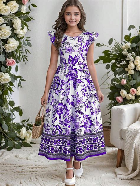 Kilottor Tween Girls Bohemian Style Floral Print Cap Sleeve Flying