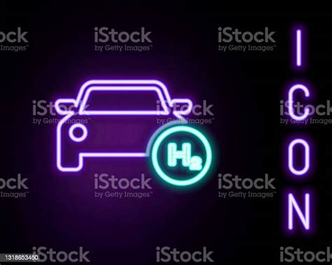 검은 색 배경에 고립 된 빛나는 네온 라인 수소 자동차 아이콘 H2 역 기호 수소 연료 전지 자동차 환경 친화적 인 제로 배출 다채로운 개요 개념 벡터 0명에 대한 스톡