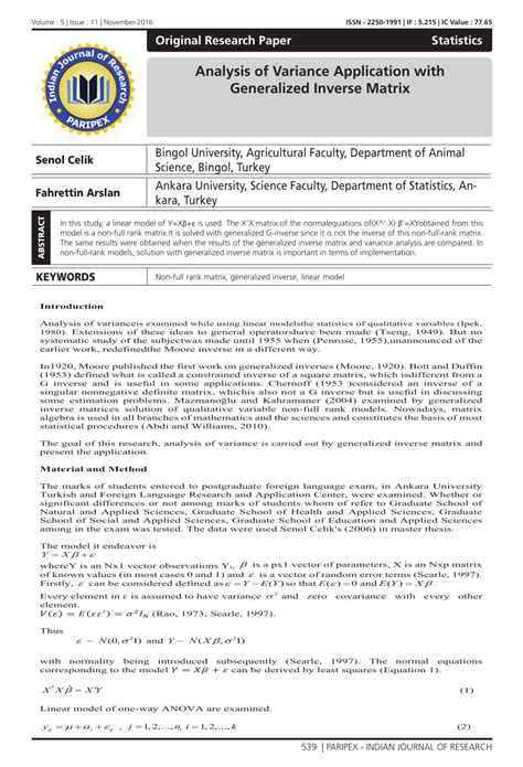 Pdf Analysis Of Variance Application With Generalized Inverse Matrix