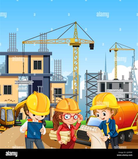 Cartoon Scene Of Building Construction Site Illustration Stock Vector